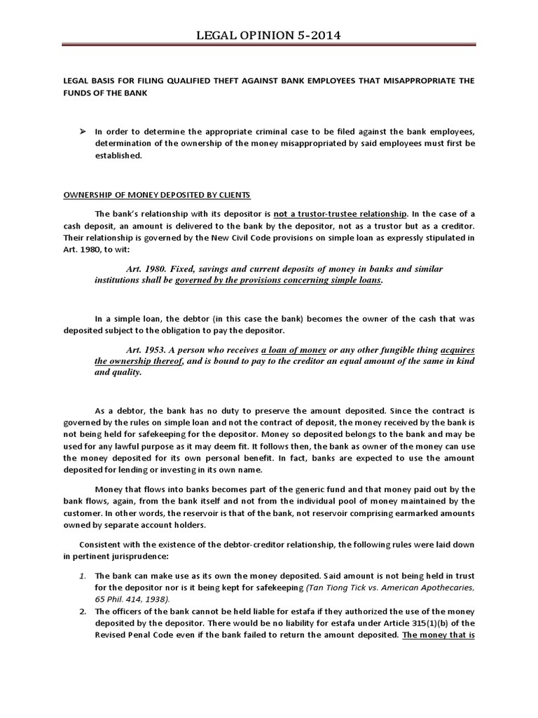 Legal Opinion Qualified Theft 1 | PDF | Deposit Account | Theft
