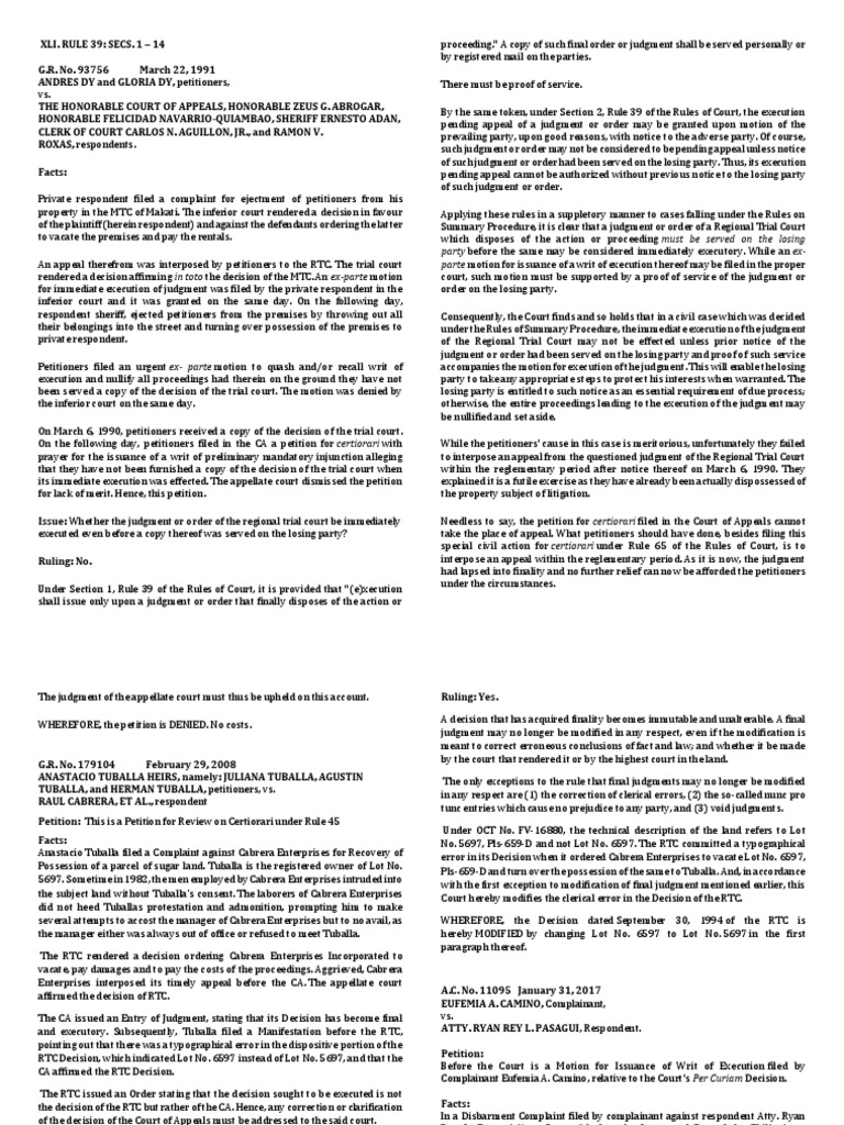 RULE 39 Case Digests | PDF | Judgment (Law) | Certiorari