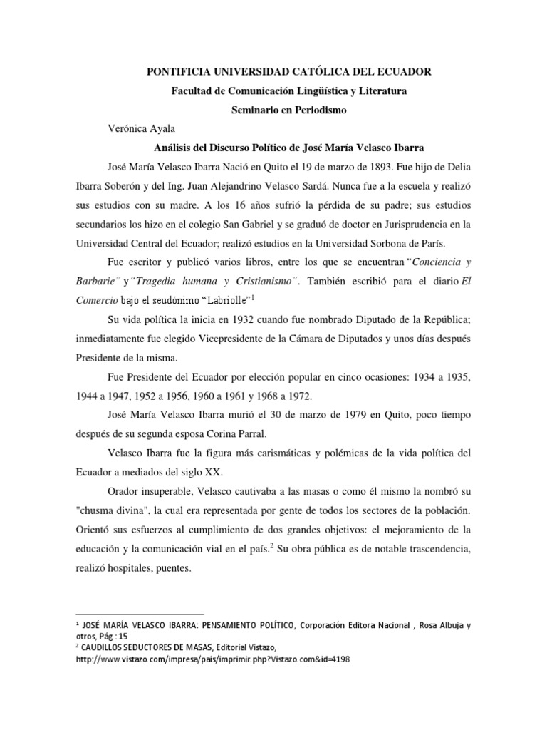 Analisis Del Discurso Politico de Jose Maria Velasco Ibarra | PDF