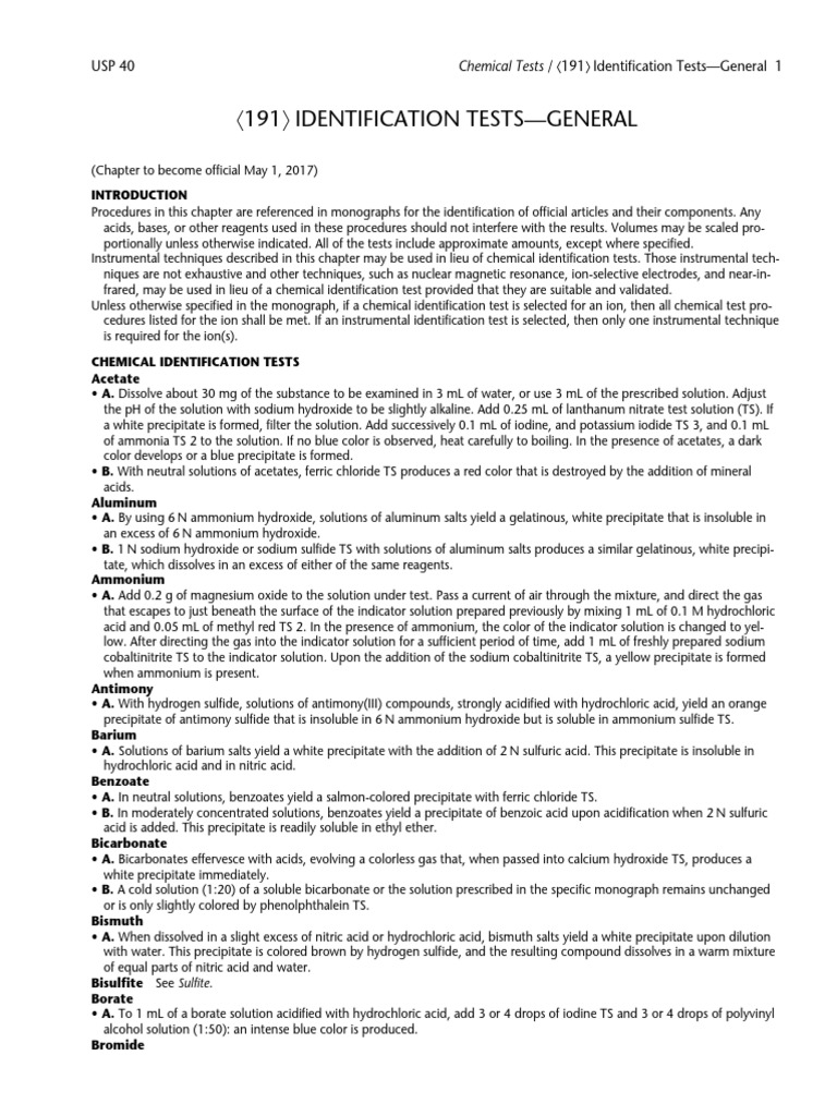 Identification Test USP | PDF | Salt (Chemistry) | Precipitation ...