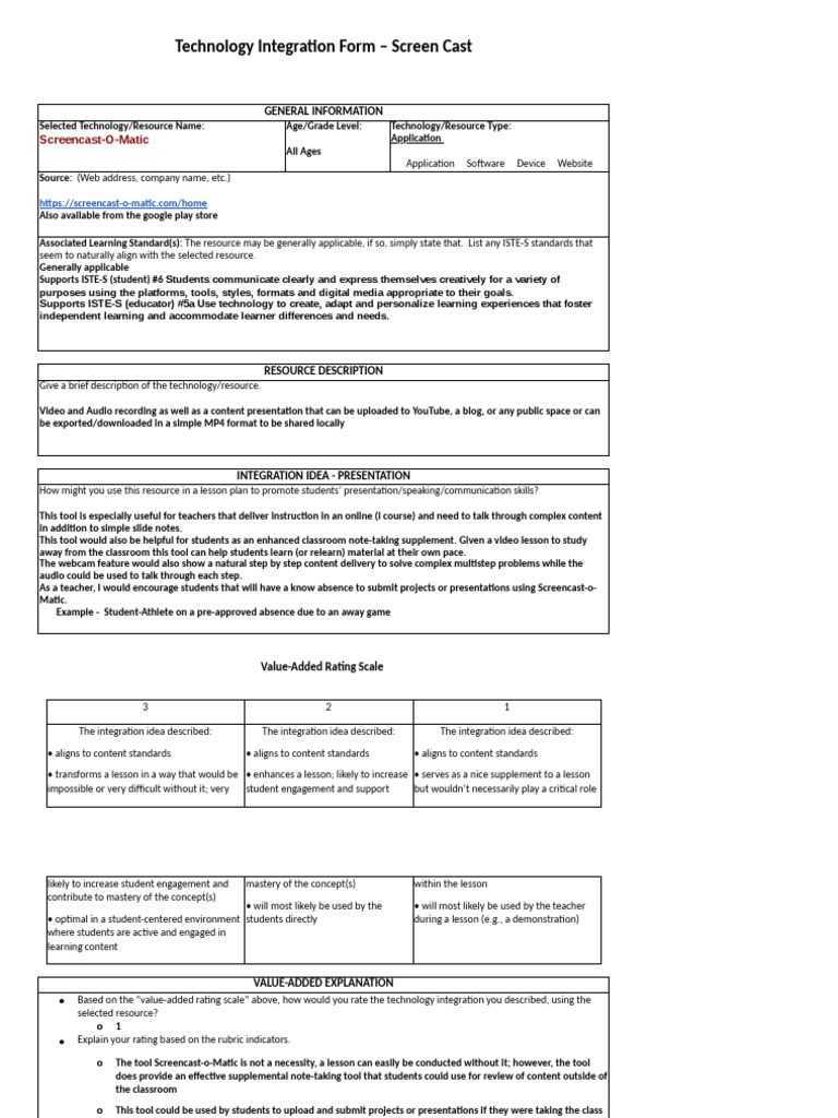 Technology Integration Template-Screencast Screencast-O-Matic | PDF ...