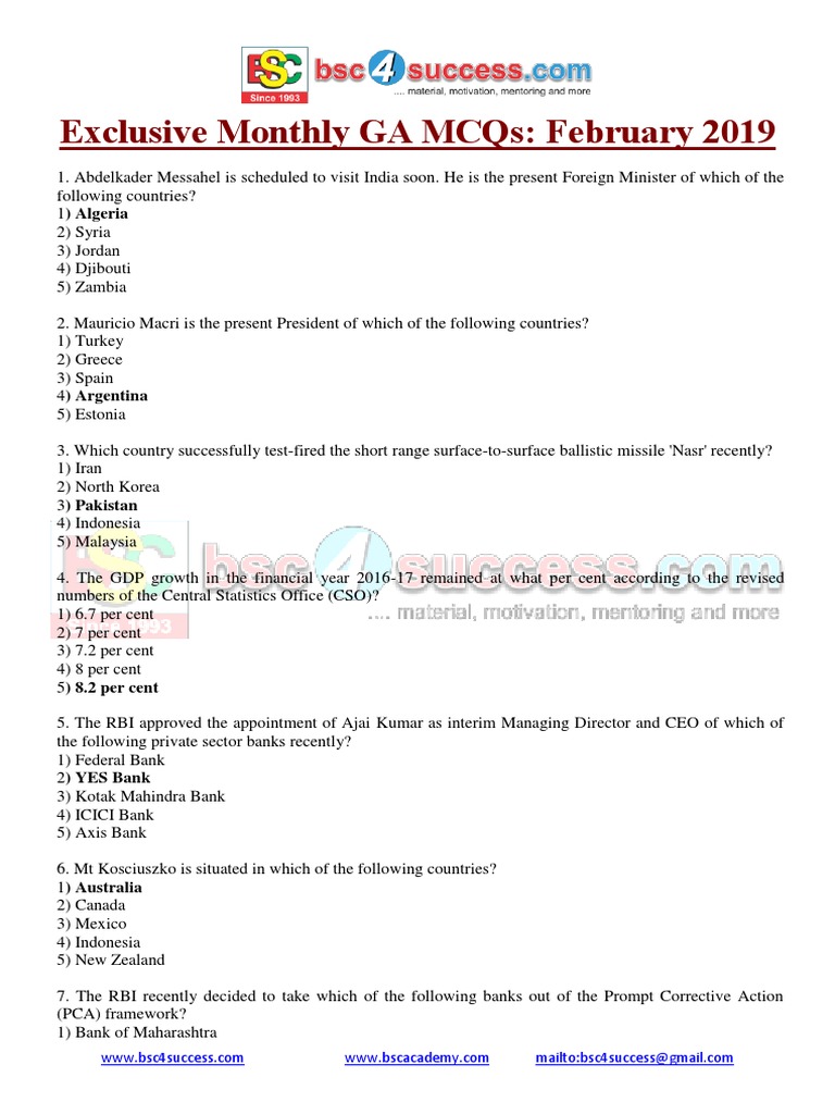 Exclusive February Monthly GA MCQs | PDF | Reserve Bank Of India | Business