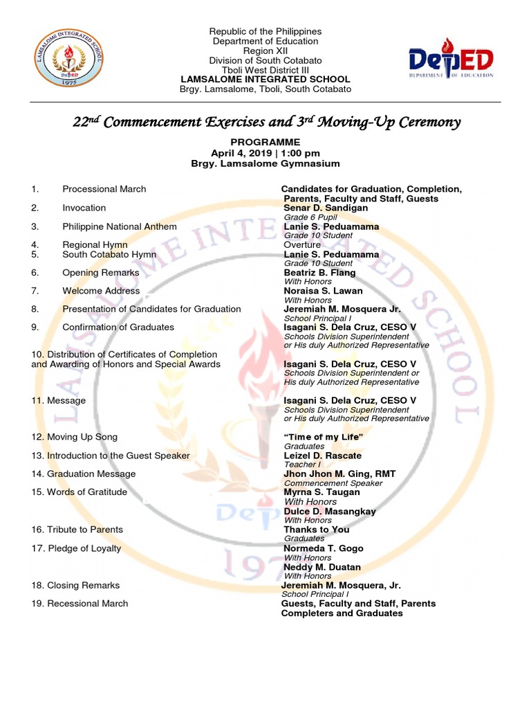 22 Commencement Exercises and 3 Moving-Up Ceremony: ND RD | PDF ...