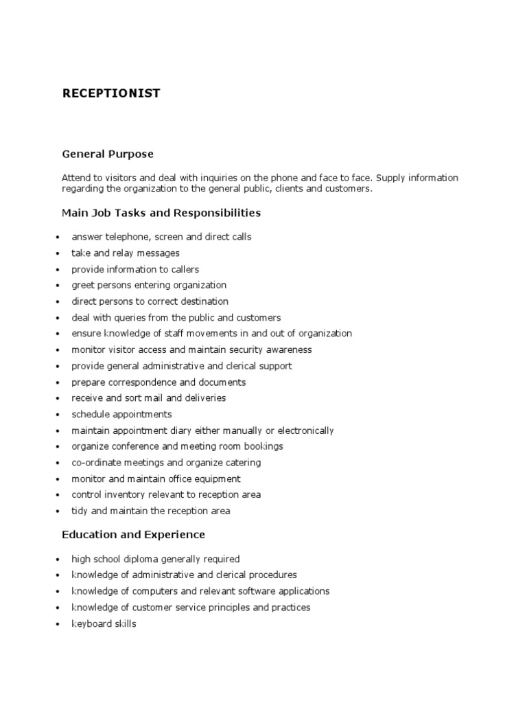 Receptionist Job Description | PDF