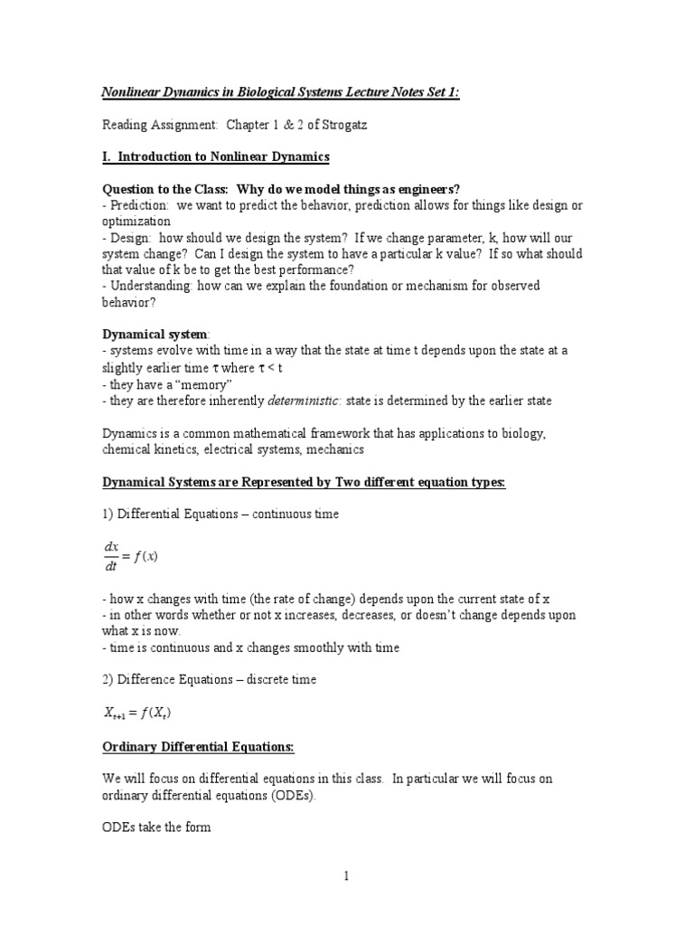 I. Introduction To Nonlinear Dynamics Question To The Class: Why Do We Model Things As Engineers ...