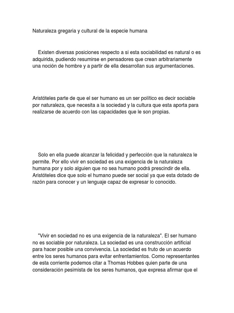 Naturaleza Gregaria y Cultural de La Especie Humana | PDF | Sociedad ...