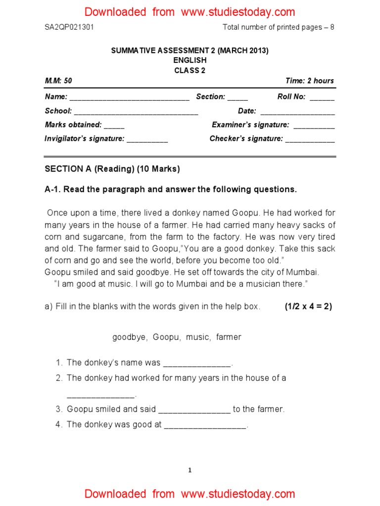 CBSE Class 2 English Sample Paper SA2 2013 PDF | PDF