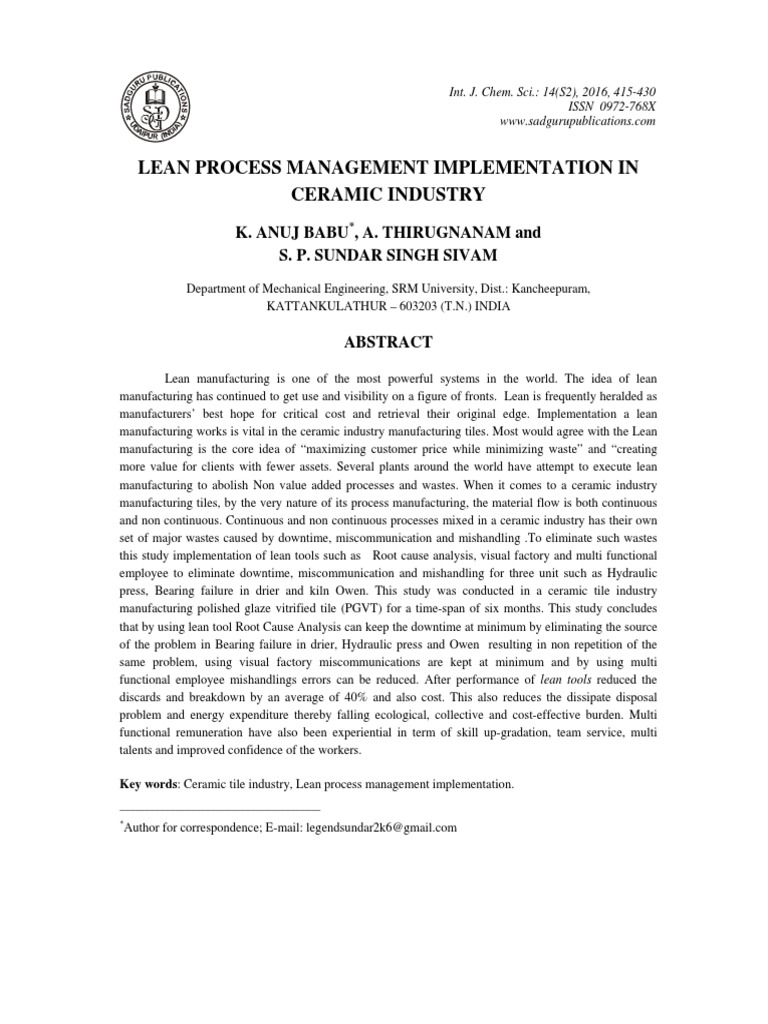 Lean Process Management Implementation in Ceramic Industry: K. Anuj ...