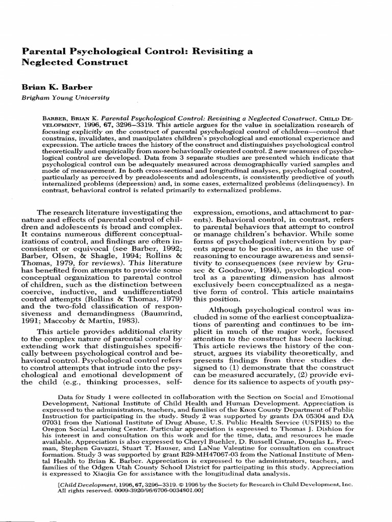 Barber, B. K. (1996) - Parental Psychological Control. Revisiting A ...