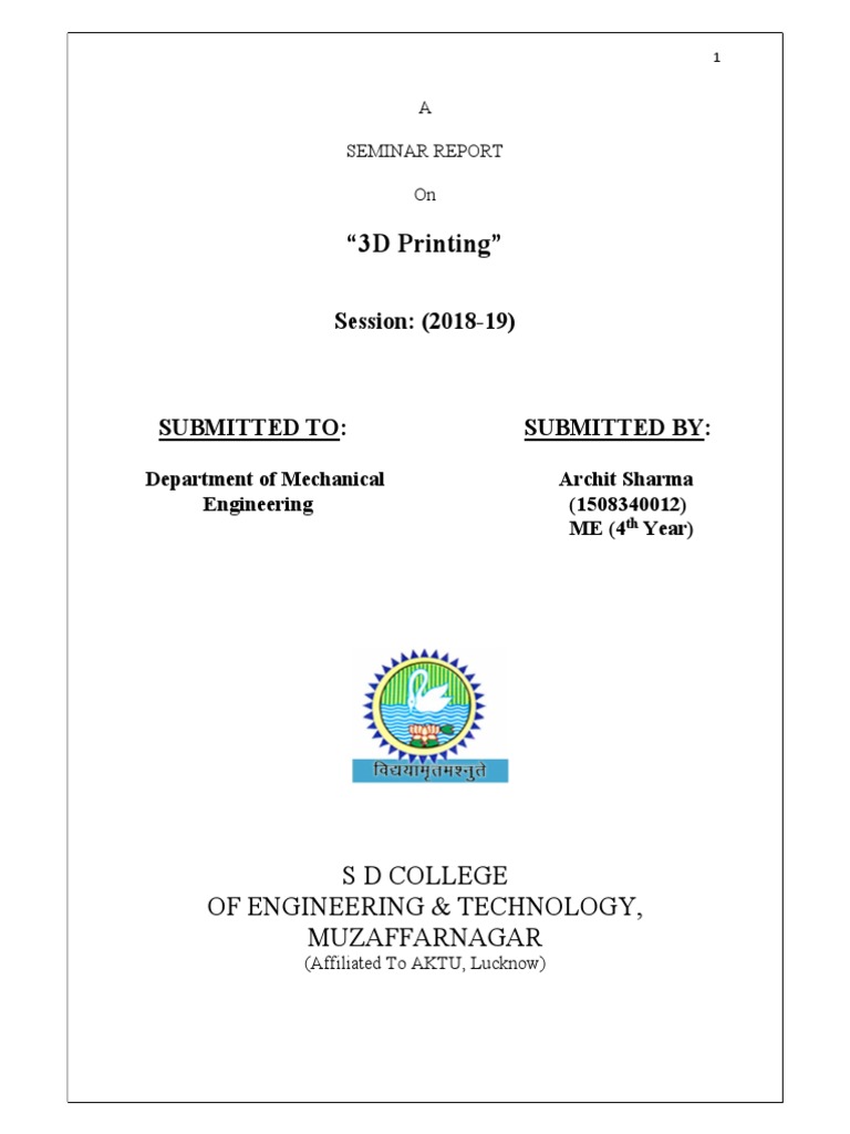Seminar Report On 3D Printing | PDF | 3 D Printing | 3 D Modeling