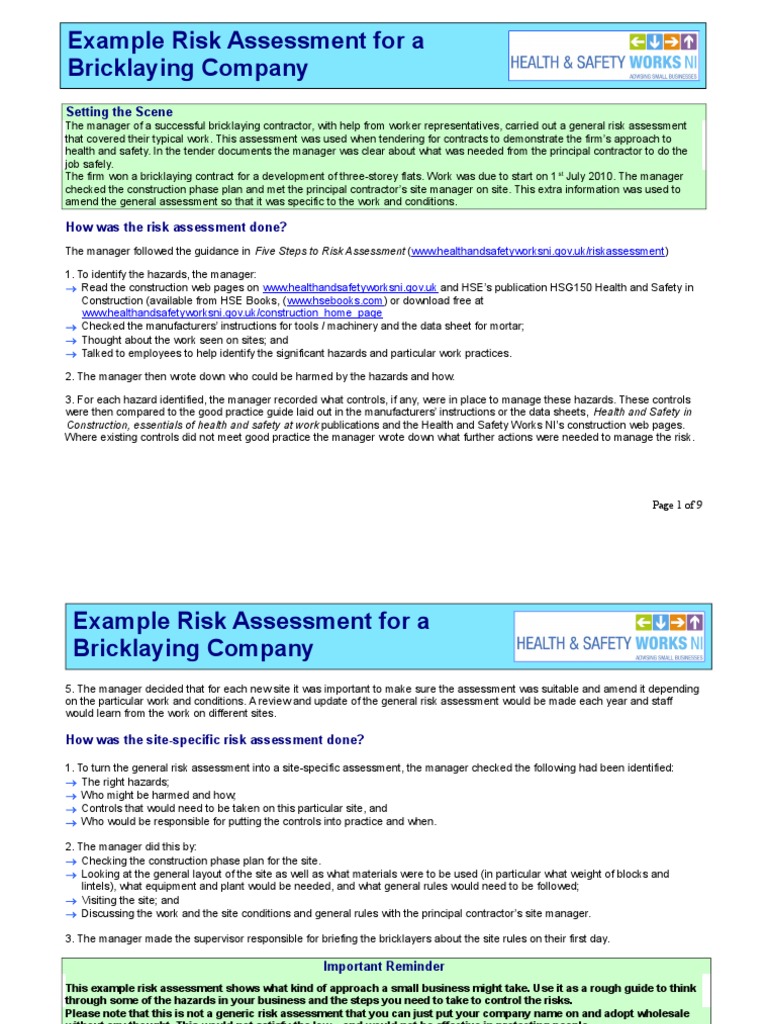 Example Risk Assessment For A Bricklaying Company Updated 20-11-12 ...
