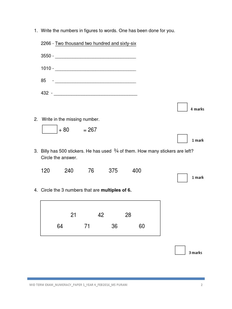 Exam Paper Mid Year 4 | PDF | Leisure | Teaching Mathematics