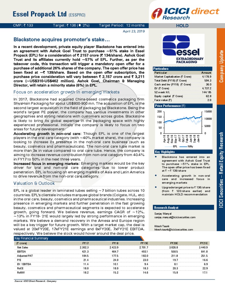 Essel Propack LTD: Blackstone Acquires Promoter's Stake | PDF | Securities (Finance) | Financial ...