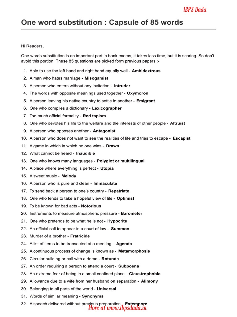 One Word Substitution: Capsule of 85 Words | PDF