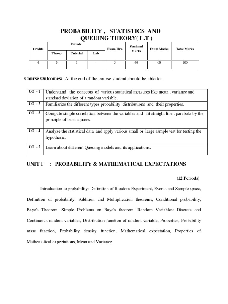Probability, Statistics and Queuing Theory (I .T) : Course Outcomes: at The End of The Course ...