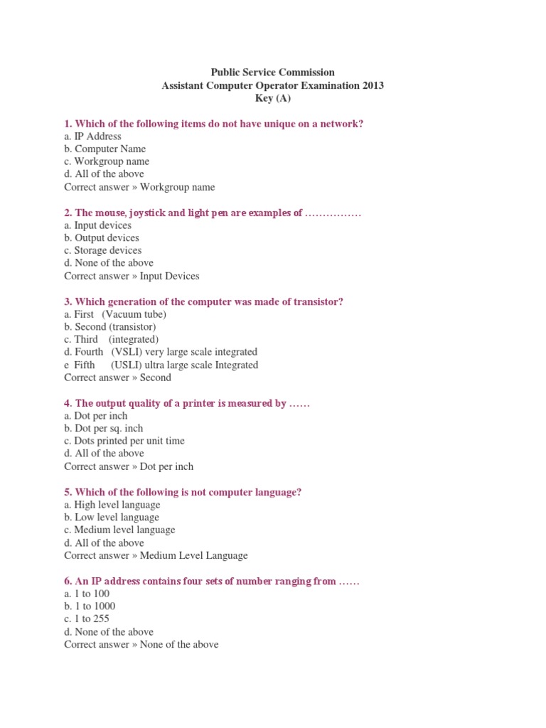 PSC Computer Operator Exam 2013 Key | PDF | Random Access Memory | Microsoft Word