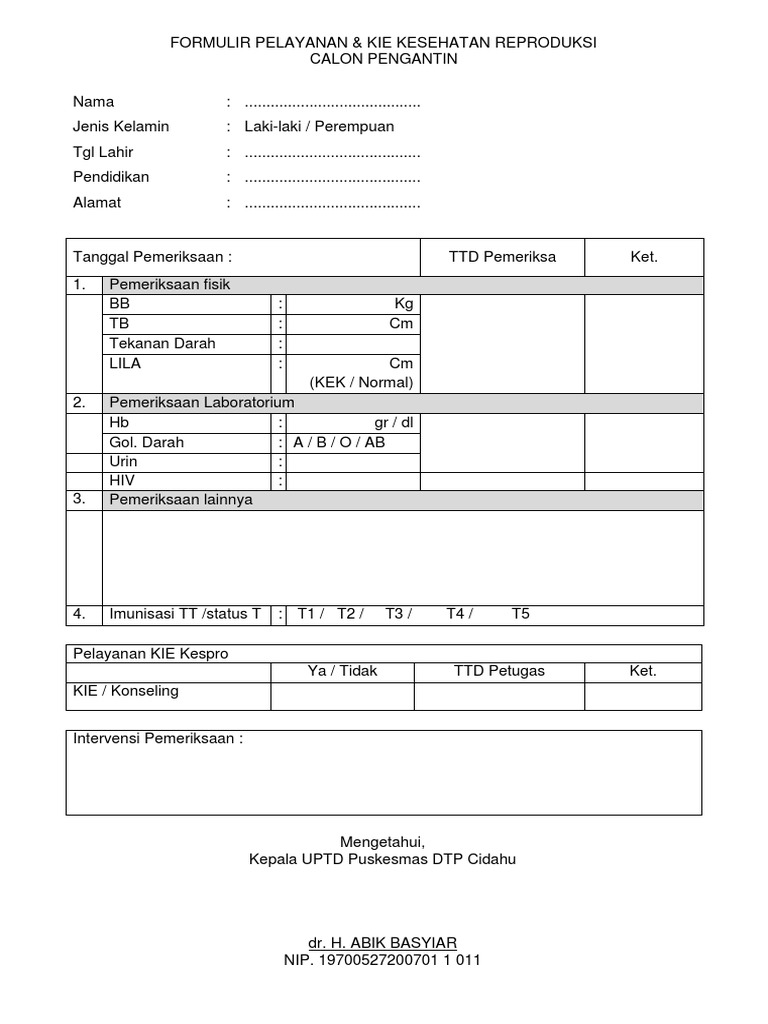 Formulir Pelayanan Kie Catin | PDF