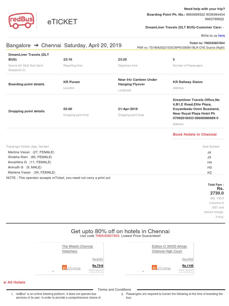 RedBus Ticket TN5K93857664 | PDF | Ticket (Admission) | Baggage