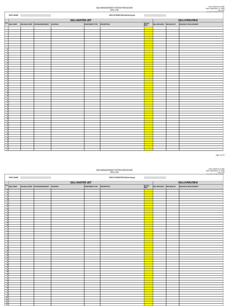 Seal Muster List Seal Operation: Sqe Management System Procedure Seal ...