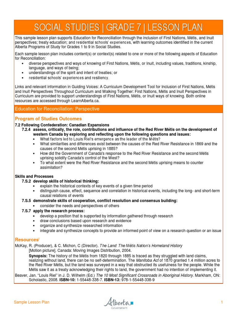 Social Studies - Grade 7 - Lesson Plan: Education For Reconciliation ...