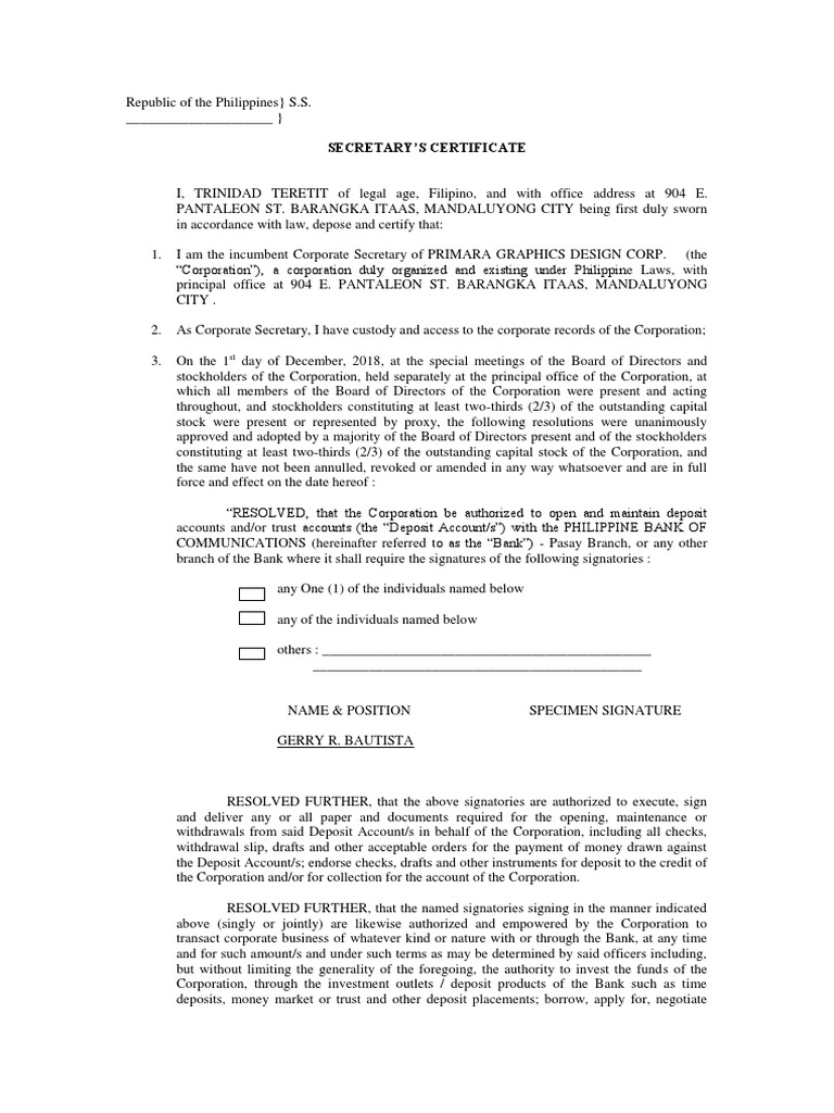 Secretary's Certificate of The Board Resolution-BLANK | PDF | Credit ...