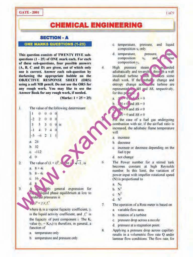 GATE Chemical Engineering 2001 PDF | PDF | Quantity | Chemistry