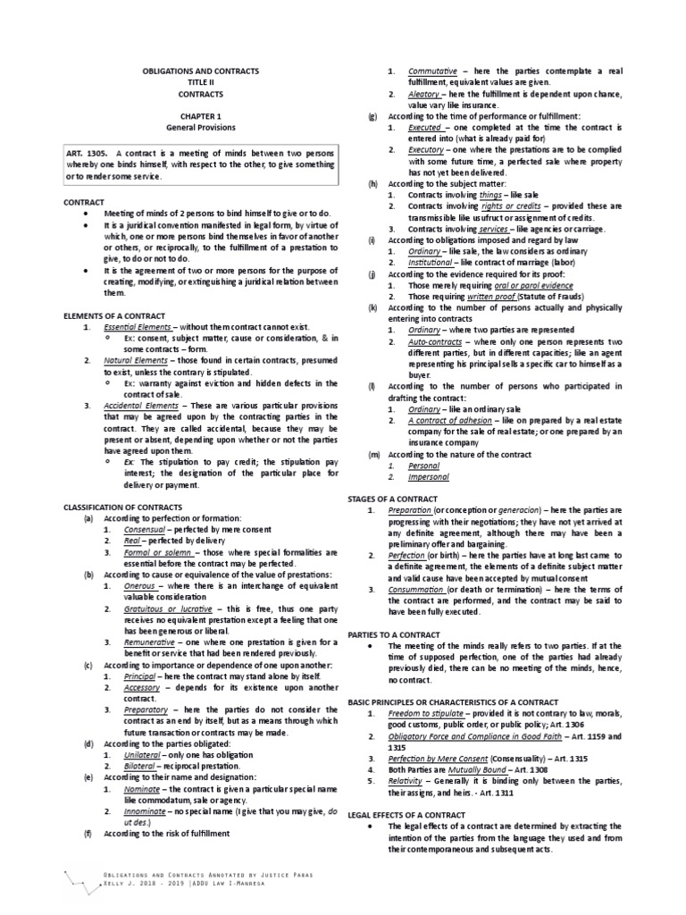 Notes On Oblicon - Part 3 | PDF | Offer And Acceptance | Consideration