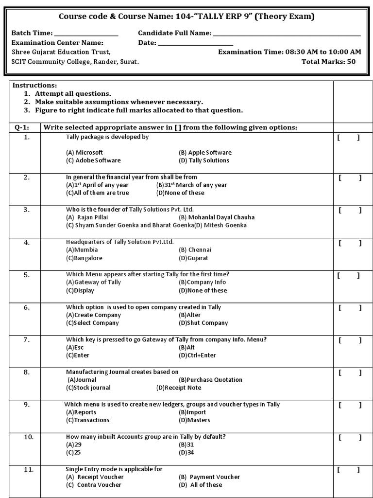 Course Code & Course Name: 104-"TALLY ERP 9" (Theory Exam) : ST ST ...
