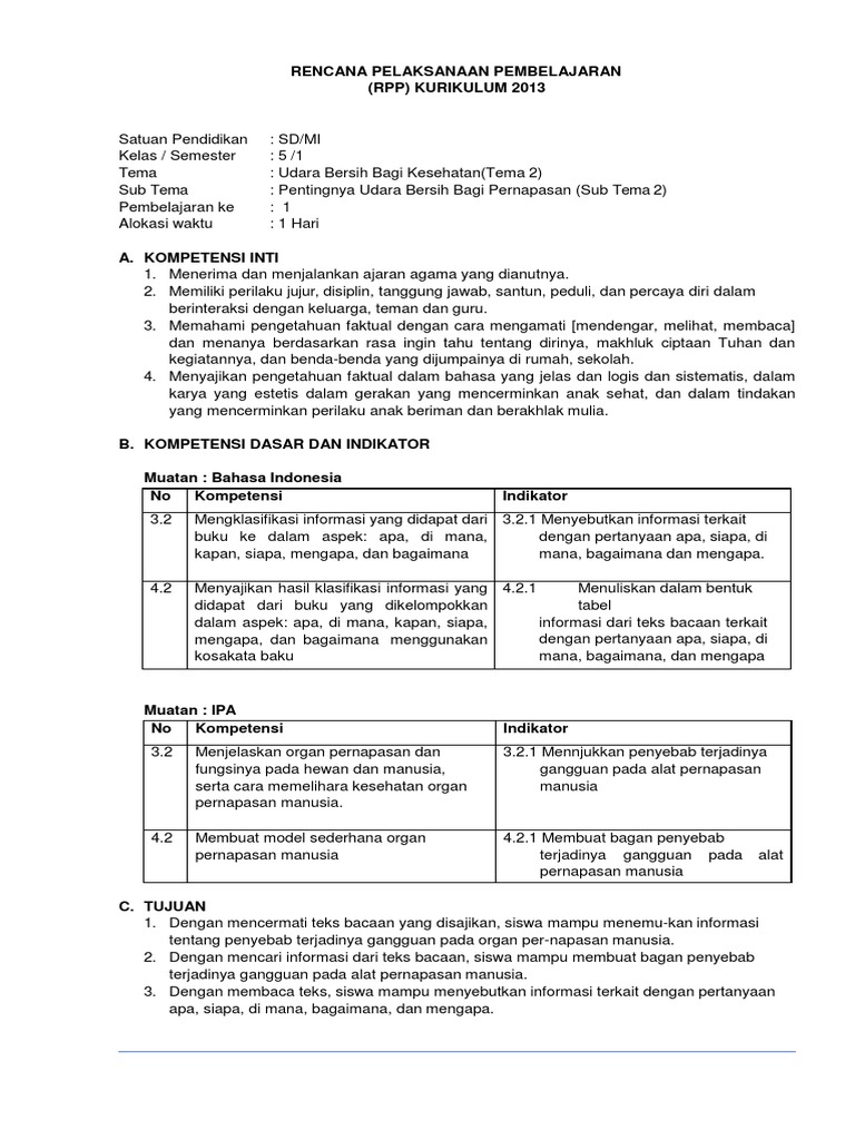 RPP Tematik Kelas 5 SD | PDF