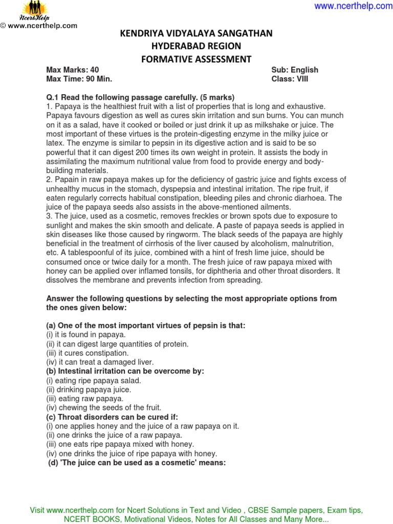 Cbse Sample Paper For Class 8 English FA 1 | PDF | Digestion | Juice