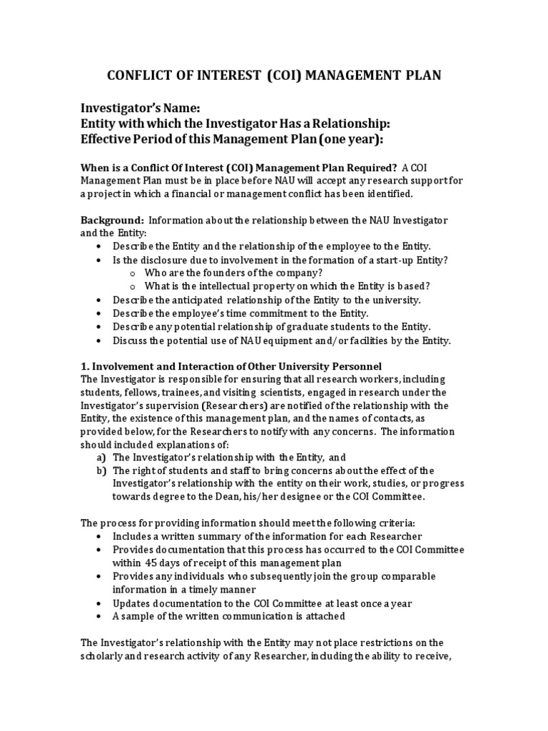 Conflict of Interest (Coi) Management Plan | PDF | Conflict Of Interest | Graduate School