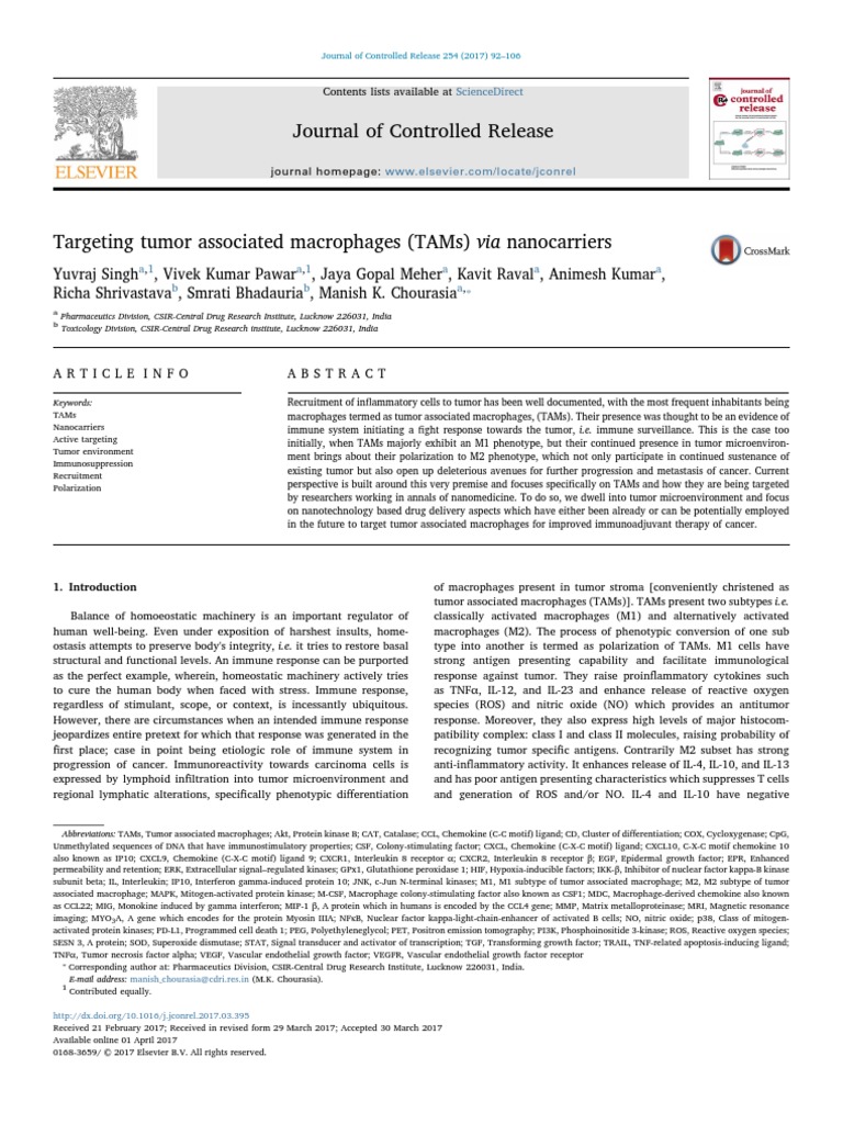 Targeting Tumor Associated Macrophages (TAMs) Via Nanocarriers | PDF | Angiogenesis | Macrophage