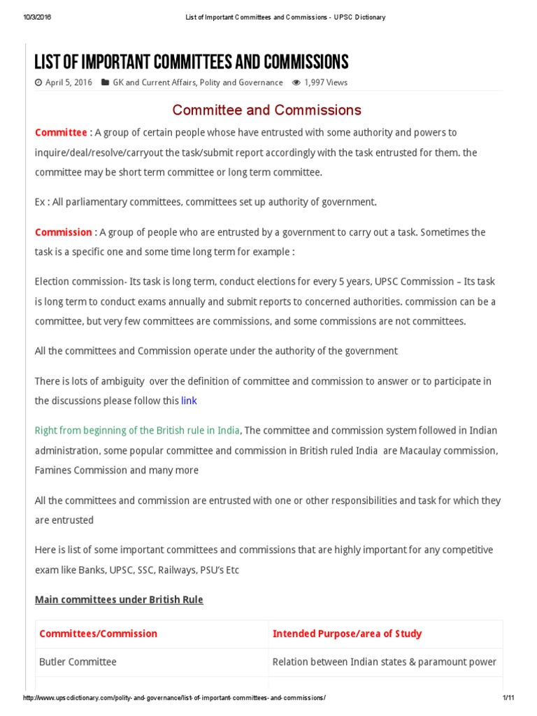Important Committees and Commissions for UPSC | PDF | Government ...
