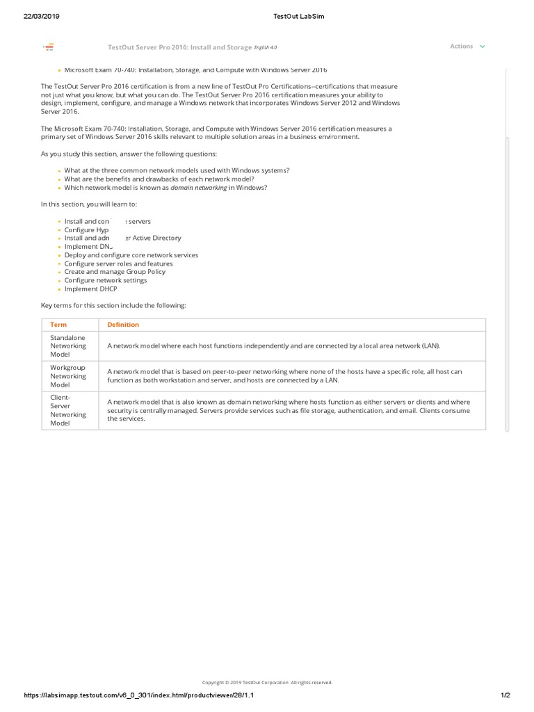 TestOut LabSim 1.1 | PDF | Server (Computing) | Computer Network