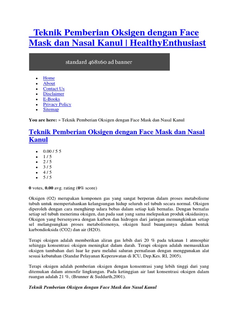 Teknik Pemberian Oksigen Dengan Face Mask Dan Nasal Kanul | PDF