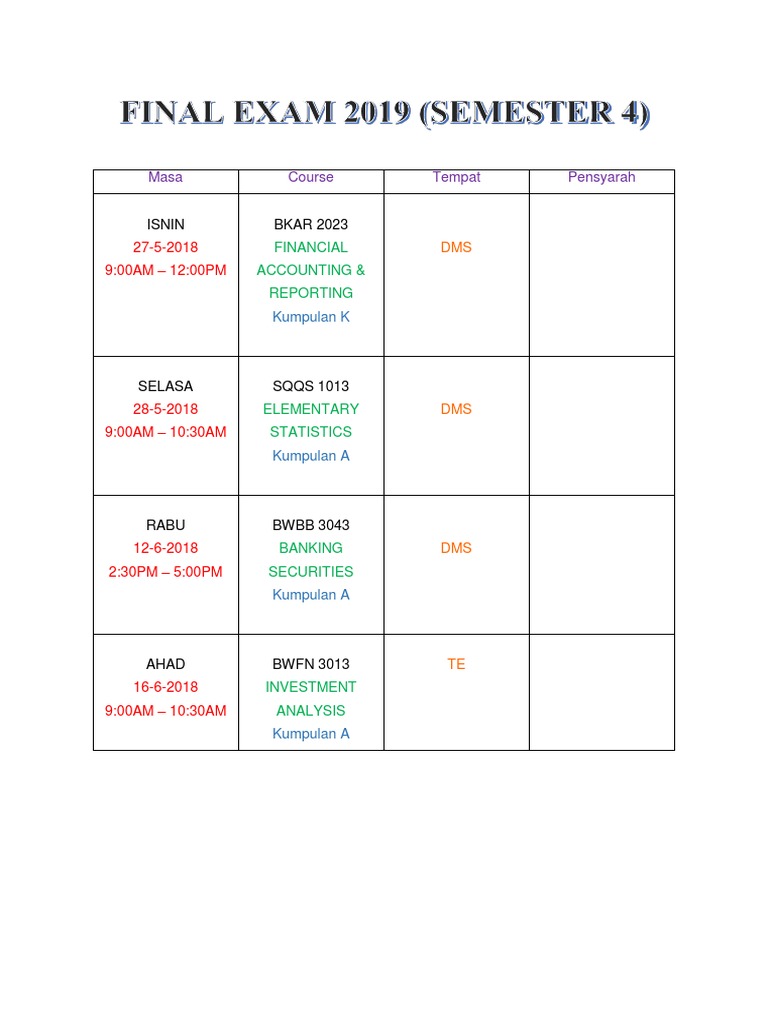 New Exam Time Table | PDF
