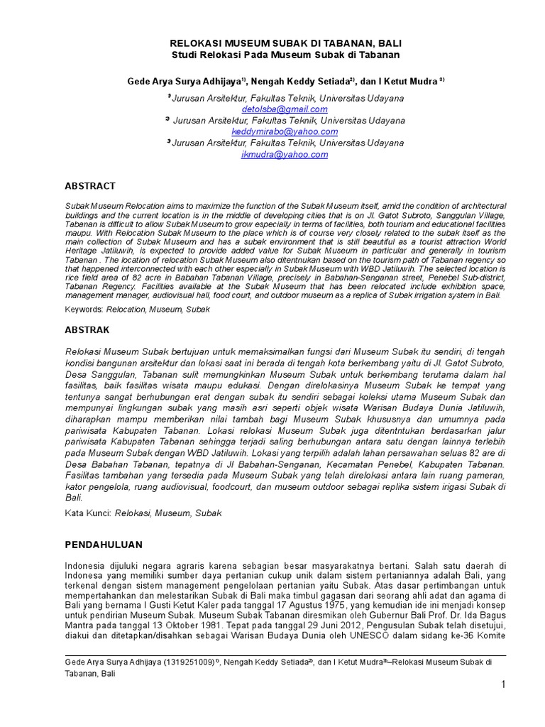 Jurnal Museum Subak Di Tabanan | PDF | Water And Politics | Natural ...