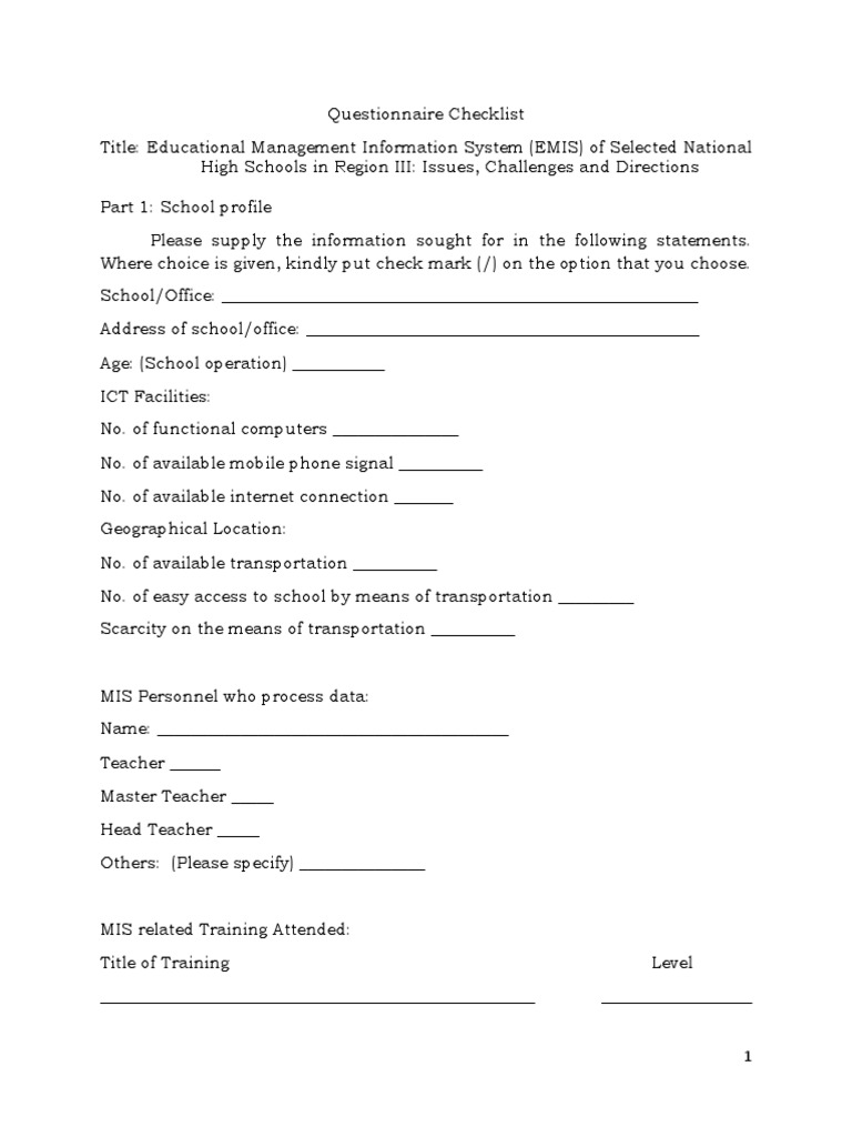 Questionnaire Checklist | PDF | Teachers | Management Information System