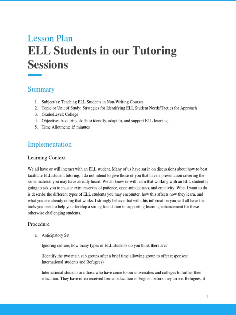 ELL Students in Our Tutoring Sessions: Lesson Plan | Download Free PDF ...