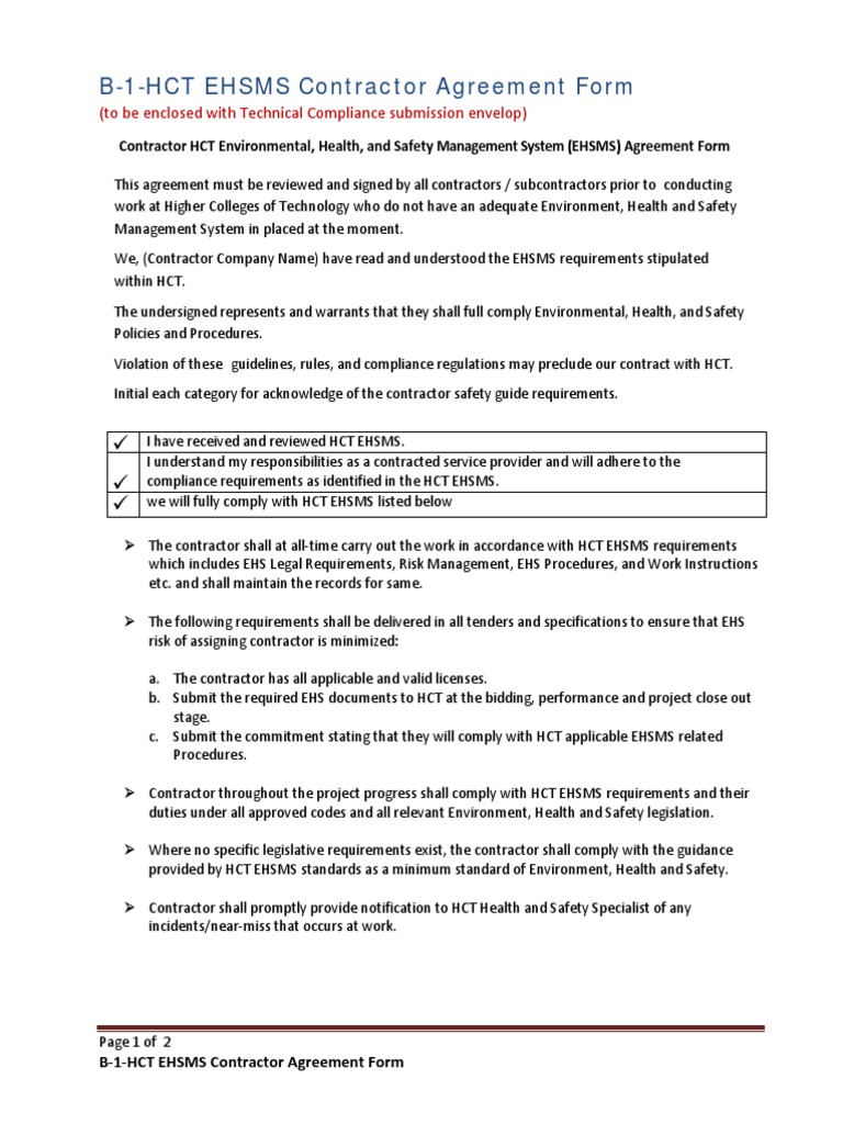 HCT Contractor EHS Agreement | PDF | General Contractor | Occupational ...
