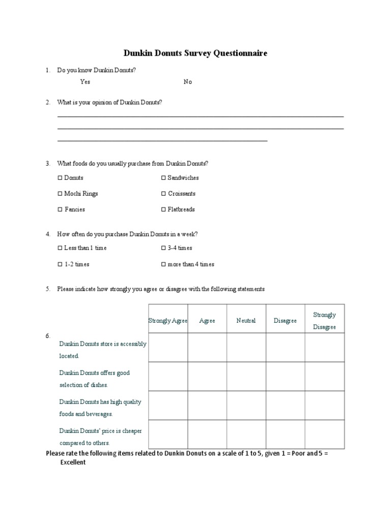 Dunkin Donuts Survey Questionnaire | PDF | Doughnut | Food And Drink