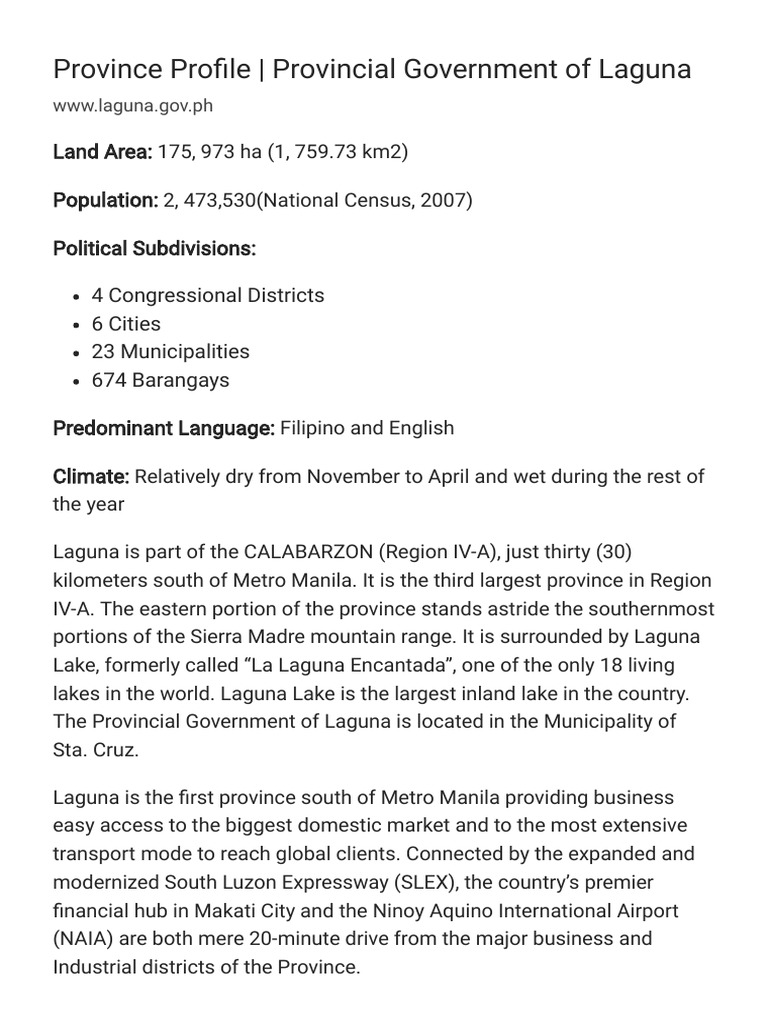 Province Profile - Provincial Government of Laguna | PDF | Metro Manila ...