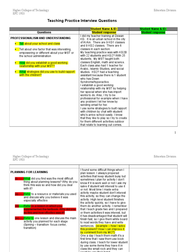Teaching Practice Interview Questions Guide | PDF | Classroom ...