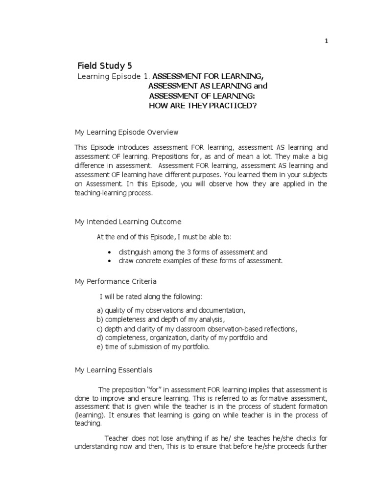 Field Study 5 Learning Episode 1. ASSESS | PDF | Educational Assessment ...