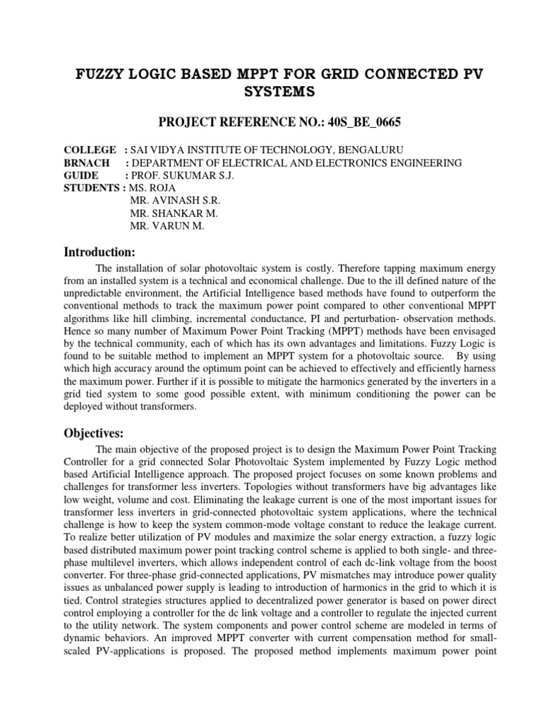 Fuzzy Logic Based MPPT For Grid Connected PV Systems: Project Reference No.: 40S - Be - 0665 ...