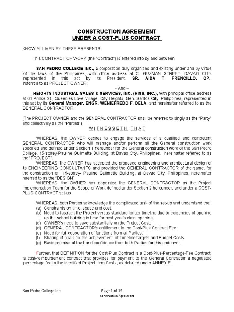 Construction Agreement Under A Cost-Plus Contract | PDF | Assignment ...
