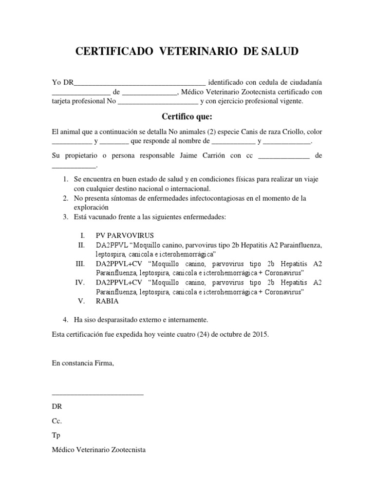 Formato Certificado Veterinario de Salud | PDF