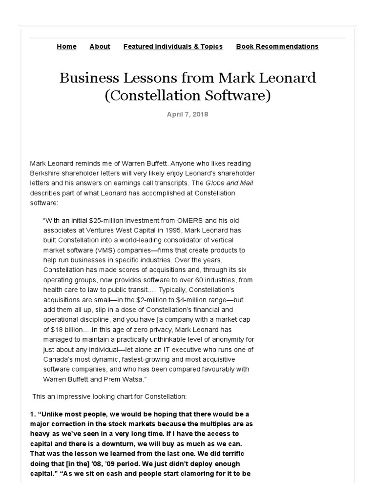 Business Lessons From Mark Leonard (Constellation Software) - 25iq ...