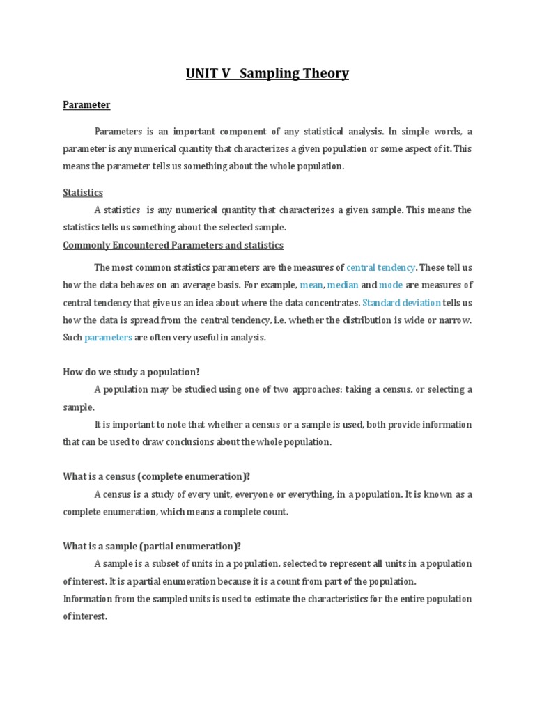 UNIT V Sampling Theory: Parameter | PDF | Stratified Sampling | Sampling (Statistics)