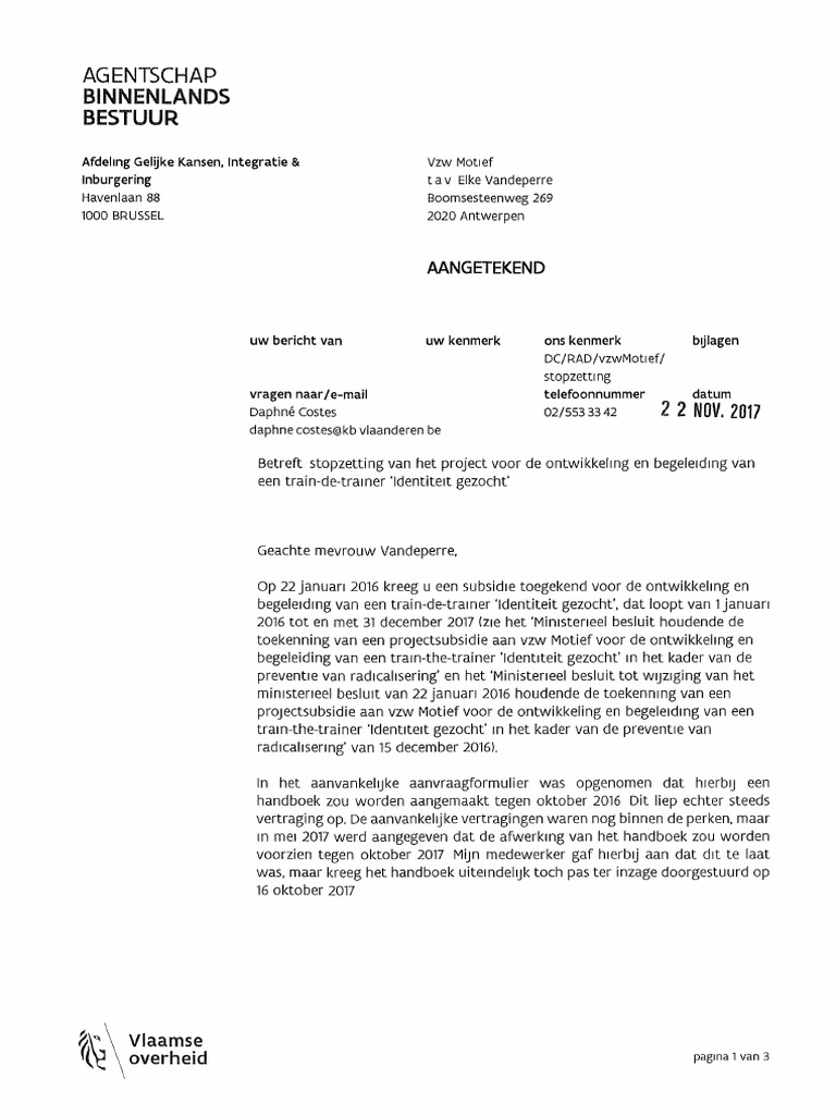 Brief A VZW Motief Stopzetting Project | PDF